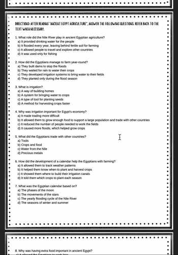 Agriculture in Ancient Egypt Reading Comprehension Worksheet with Writing