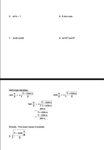Precalculus Complete Lesson & Worksheet - Double & Half Angle Identities