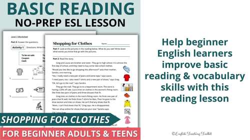 Beginner Adult ESL Short Story Reading Comprehension Worksheets Clothes ...