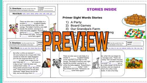 Dolch Primer Sight Words Fill in the Blank Stories for Kindergarten ...