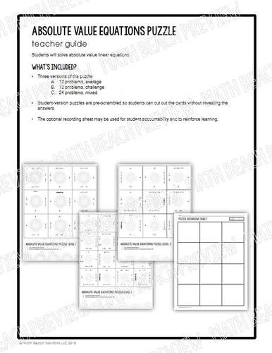 Absolute Value Equations Puzzle Activity by Math Beach Solutions