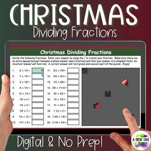 Christmas Pixel Art Math Dividing Fractions for Google Sheets Self Checking