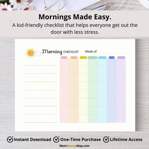 Kids Morning Checklist Printable PDF - Color by Mom Money Map | TPT
