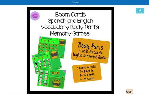 Boom Cards Spanish and English Vocabulary Body Parts Memory Games