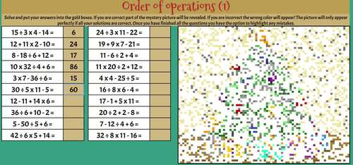 Order of Operations (Easy) Christmas Math Pixel Art Mystery Picture
