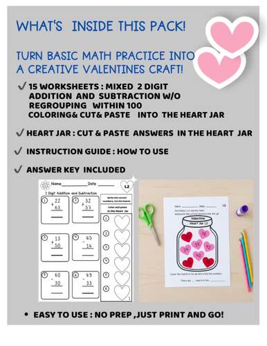 Valentines Math Craftivity | 2-Digit Addition and Subtraction Heart Jar ...