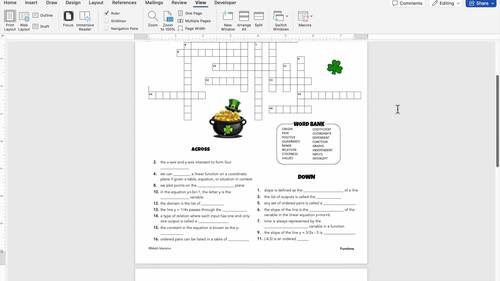 8th Grade Math Fun Worksheet St. Patrick's Day Activity: Crossword ...