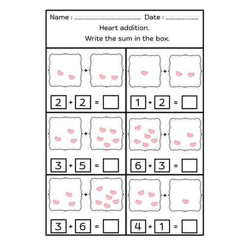 Heart, Write the sum in the box, Count the group and solve the addition ...
