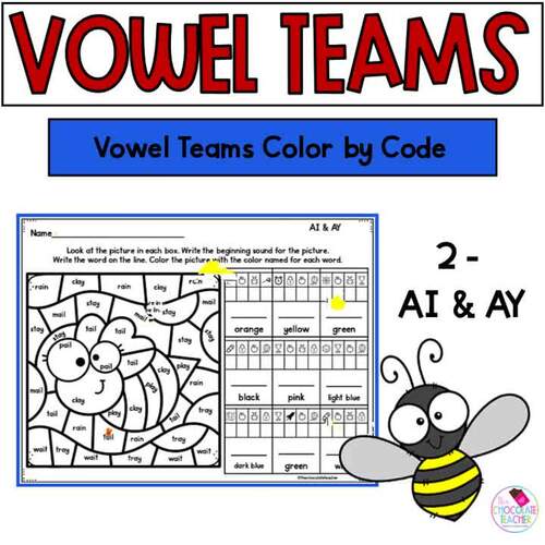 Vowel Teams Worksheets- Phonics Color by Code with Secret Code Long ...