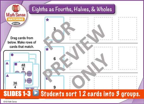 Eighths as Fourths, Halves, & Wholes MATCHING: 15 PPT/ Google Slides 3F16E