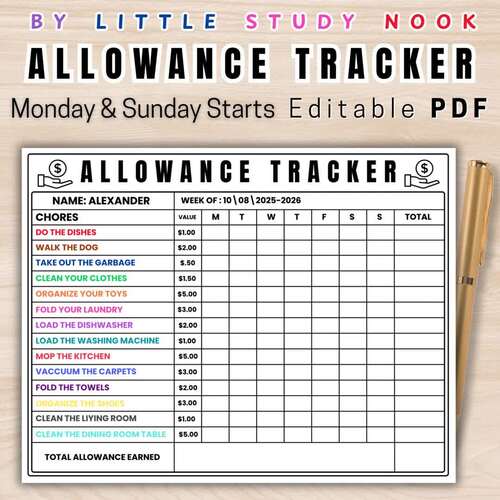 Editable Allowance Tracker for Kids | Weekly Chore & Reward Chart ...