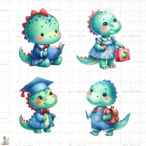 Cute Dinosaur go to School, Little animal clipart by Hello Happiness