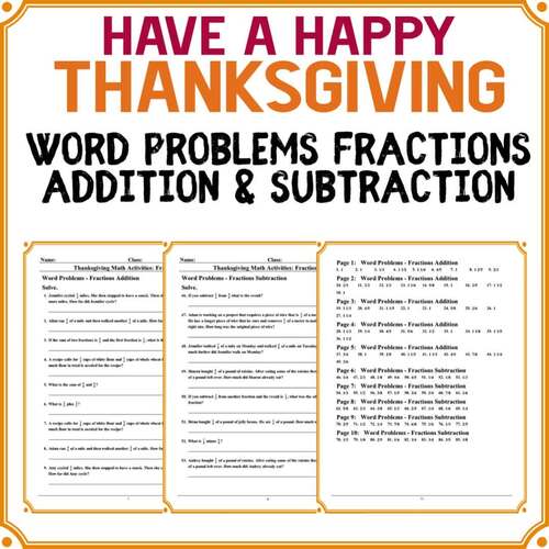 4th, 5th Grades Thanksgiving Word Problems Fractions Addition and ...