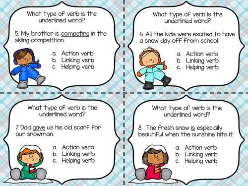 Action, Linking, & Helping Verbs Winter Task Cards | Digital & Print