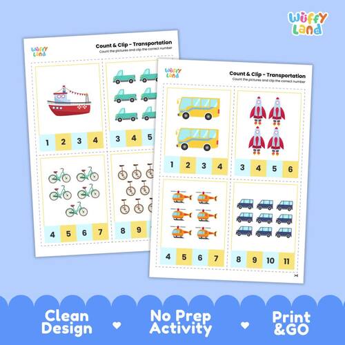 Transportation Math Counting Clip Cards 1-20 | Vehicle Number Flashcards