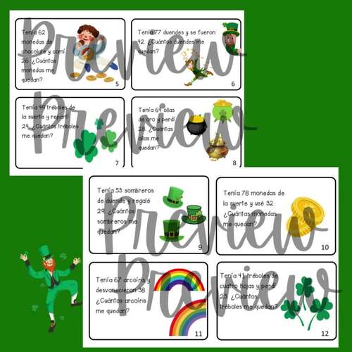 Problemas de cuento resta de Día de San Patricio Subtraction Problems ...