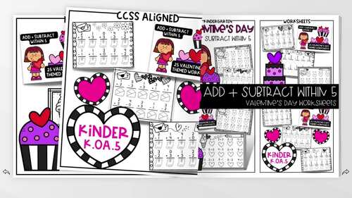Kindergarten | Addition and Subtraction Within 5 Worksheets | Valentine ...