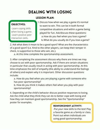 Social Emotional Learning-Sportsmanship-How to Deal With Losing | TPT