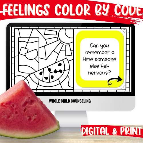 Color by Code SUMMER WATERMELON Naming Feelings SEL Digital and Printable
