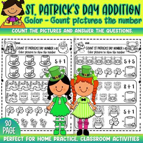 St. Patrick's Day Addition 1 to 10 Color & Count Worksheets, Fun ...