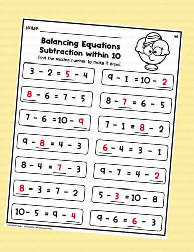 Balancing Equations Subtraction to 10 Summer Math Worksheets ...