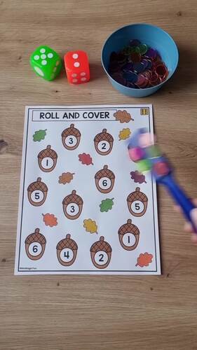 Roll & Cover Fall, Acorn Math Dice Game, 3 Levels, Numbers 1–18 | TPT