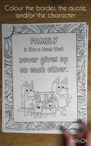 Bluey Colouring printable sheets with quotes and zen border coloring sheets