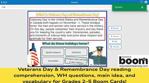 Veteran's Day & Remembrance Day Reading Comprehension WH Questions Boom ...