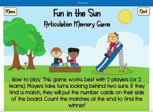 Fun in the Sun Articulation Memory Game Boom Cards™ Summer Speech Therapy