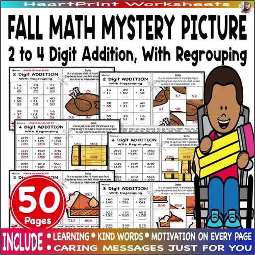 Fall math mystery picture, 2, 3, 4 digit Addition with regrouping ...