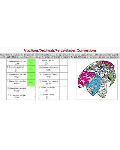 Fractions, Decimals & Percentages Conversions Digital Coloring Page