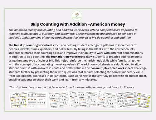 Money -Skip Counting & Addition Worksheets-American (ABBLS-R, AFLs)