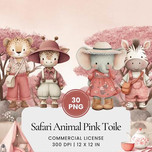 Safari Animals Pink Toile Watercolor Clipart by Ikota Design | TPT