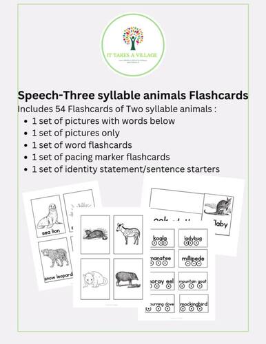 Speech-Three Syllable Animals and Bugs Flashcard set 3-Black + white ...