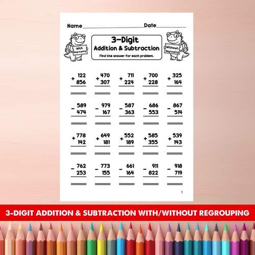 3-Digit Addition & Subtraction With & Without Regrouping Worksheets | Mixed