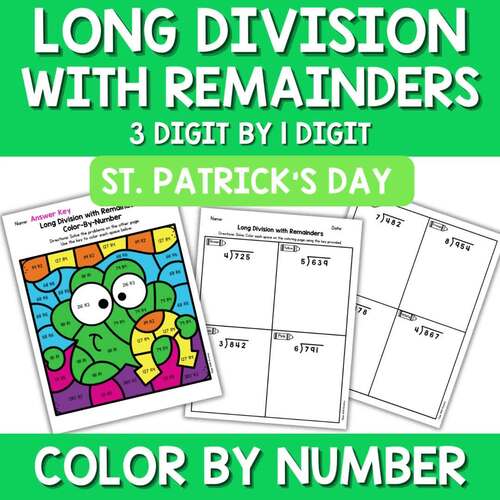 St Patricks Day Long Division with Remainders Color by Number No Prep ...