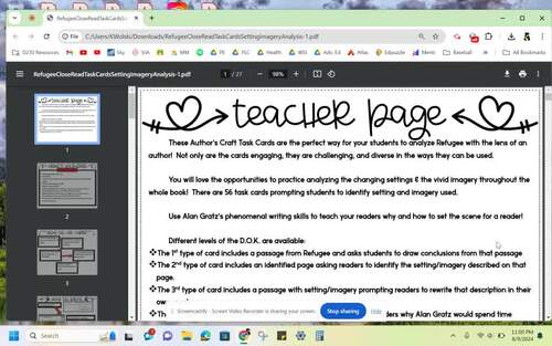 Refugee Alan Gratz Activities - Setting & Imagery Discussion Task Cards