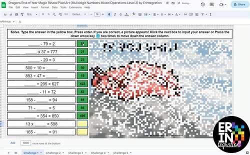 Dragon Pixel Art Math End of the Year Multidigit Numbers All Operations ...