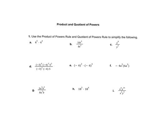 Math 8 1-2 Product and Quotient of Powers Practice Problems with Video Link