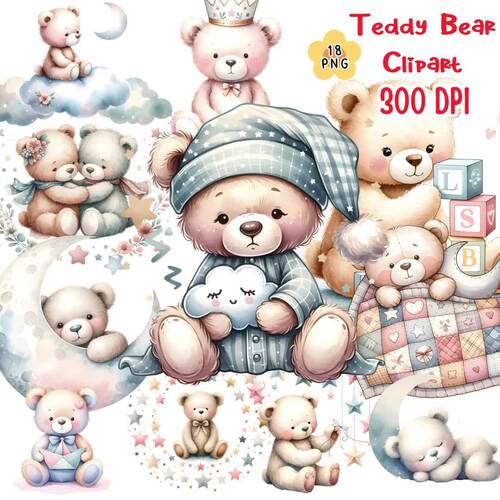 Watercolor Teddy Bear Clipart Set | 18 PNG Files by Hikari Mori | TPT