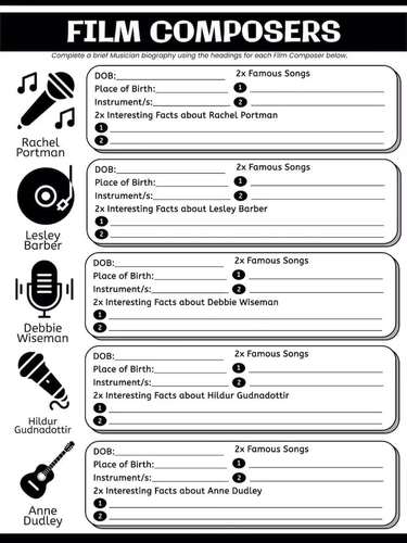 Genres of Music FILM Music Unit Intro - Self Directed Printable Worksheets
