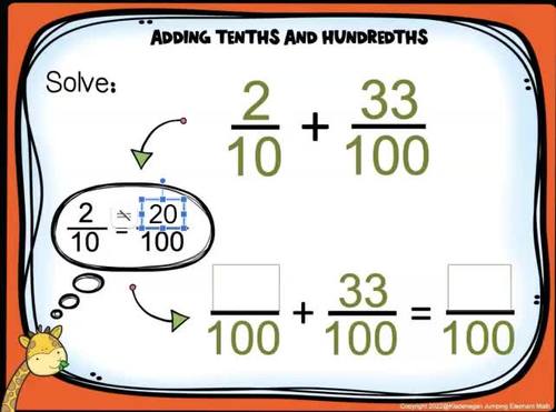 Adding Tenths and Hundredths Fractions Google Slides and Worksheets