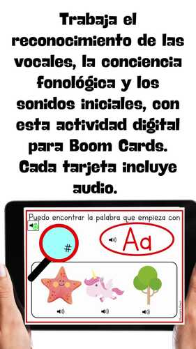 Sonidos Iniciales vocales Boom Cards Conciencia fonologica Vowels Spanish