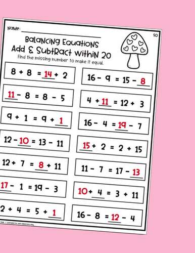 Valentine Balancing Equations Mixed Add & Subtract Within 20 NoPrep ...