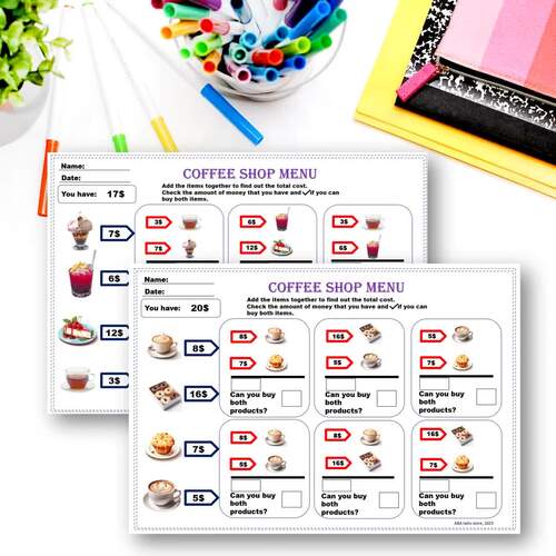 Addition money budgeting Worksheets. Coffee shop menu math. by ABA ...