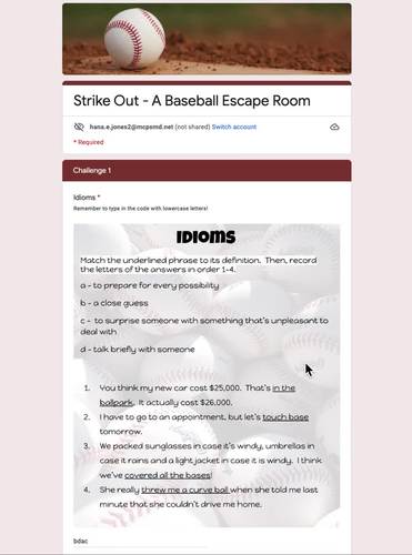 Digital ELA ESCAPE ROOM - Strikeout: A Baseball Escape Room | TPT