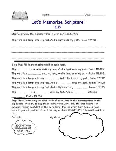 Scripture Memorization Worksheets - 10 Pages/Verses - KJV - Bible Memory