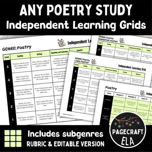 Any Poetry Genre Independent Study Grids of Activities with Rubric