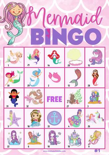 Mermaid Bingo Birthday Party (20 Unique Cards) , Mermaid Birthday Party