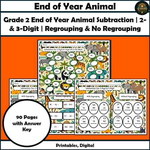 Grade 2 End of Year Animal Subtraction Math 2 3 Digit Regroup No ...